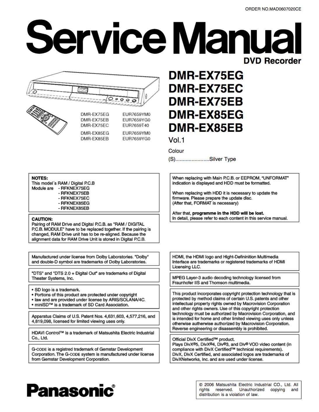 Panasonic DMR-EX75 DMR-EX85 Service Manual – Spared Parts UK